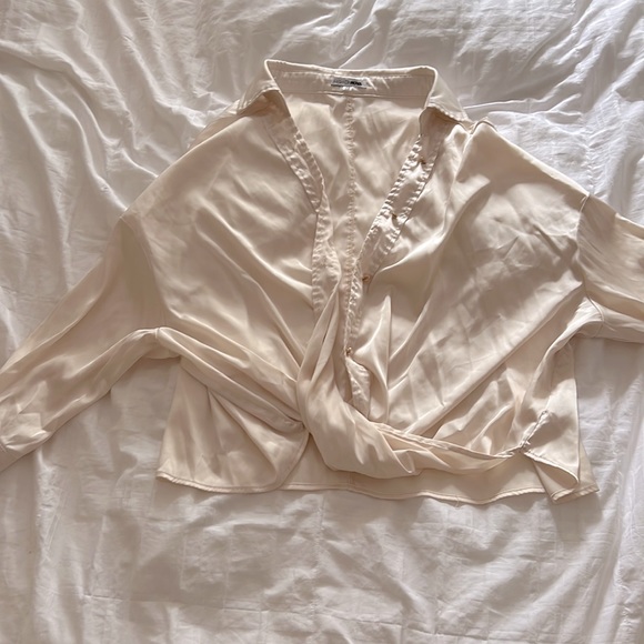 Tops | Champagne Satin Button Down Satin Blouse Satin Long Sleeve Crop ...